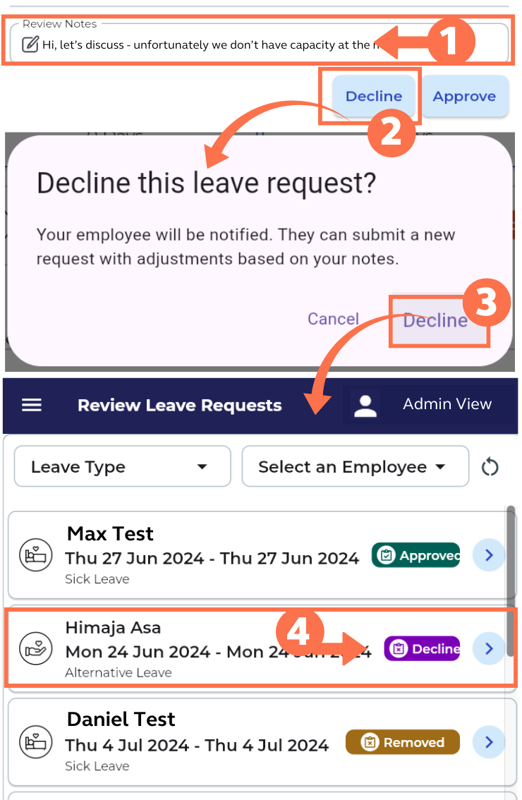 Declining a Leave Request - Payroll Portal