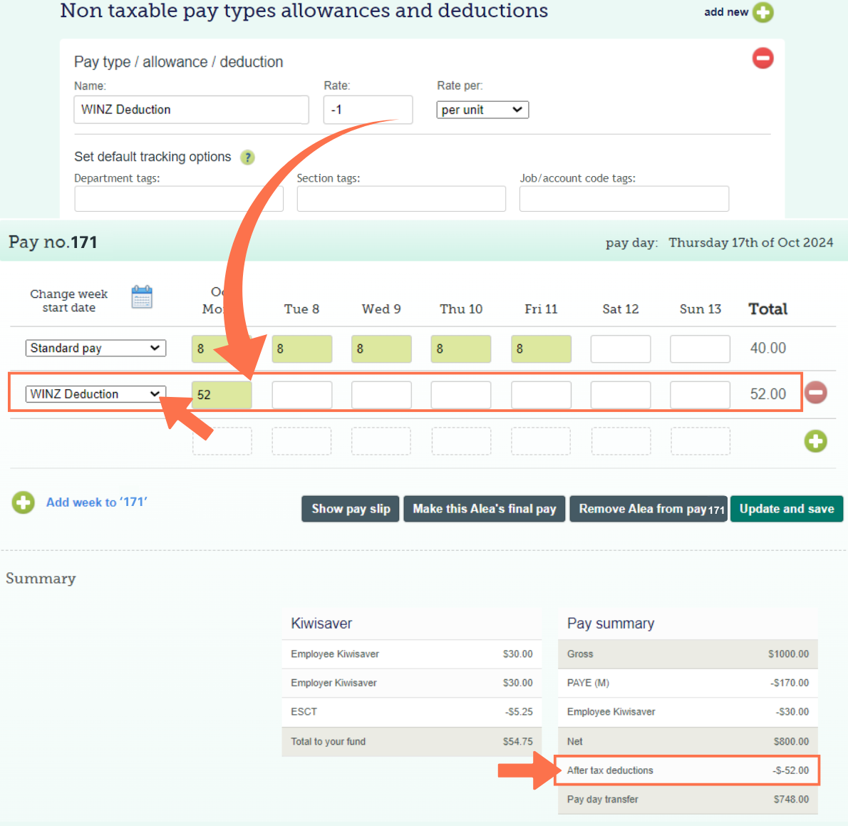 Creating a Non-taxable WINZ Deduction Custom Pay Type
