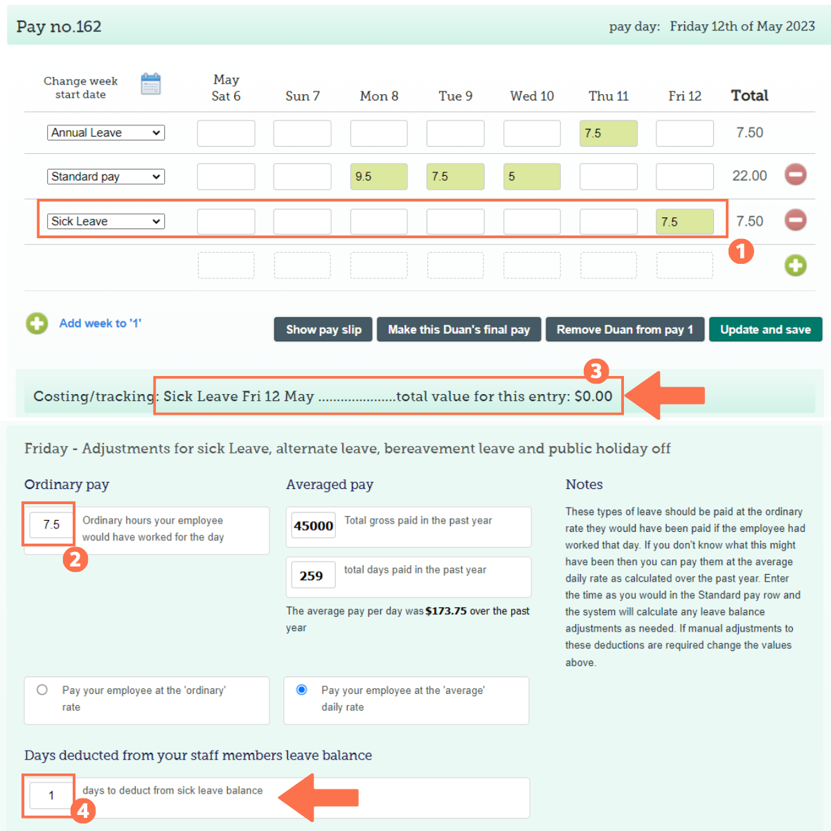 Why is the amount paid for a day of leave $0 on this timesheet?