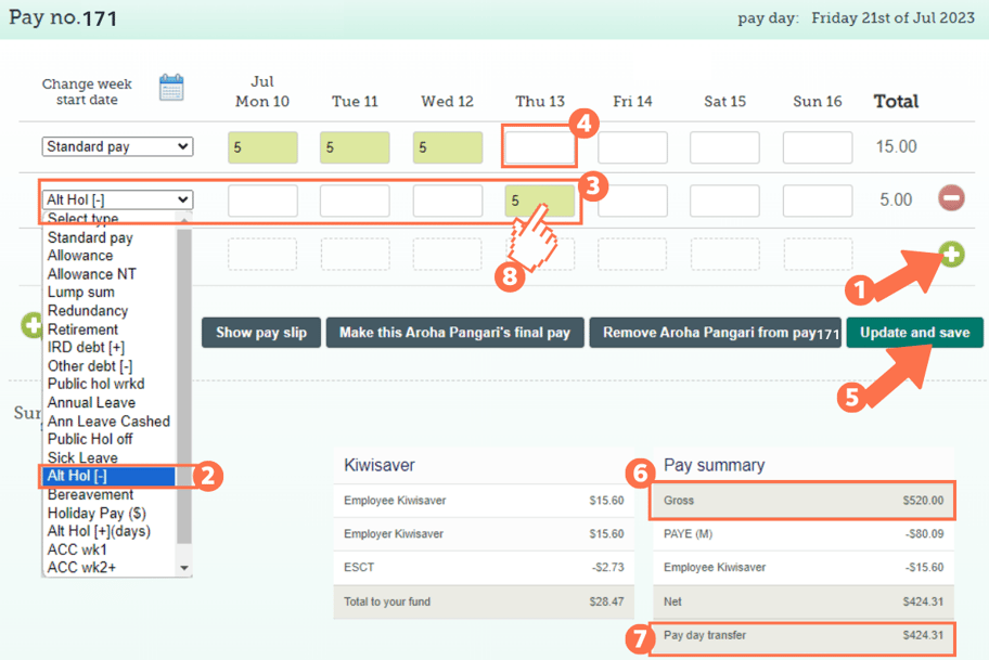 Adding Alternative Leave Taken to a Fixed-Term Employee's Timesheet.