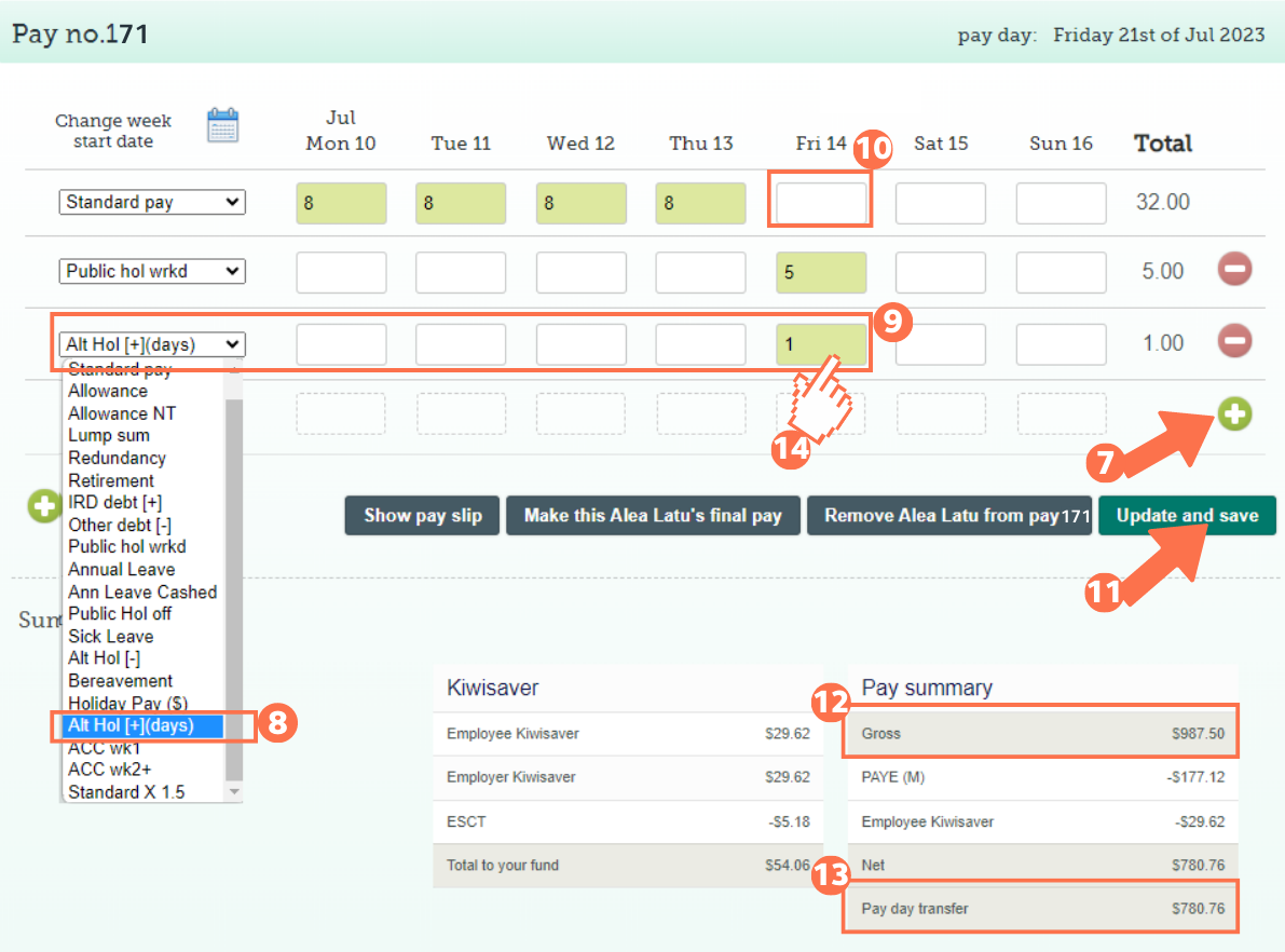 Adding a Public Holiday Worked and Alternative Leave Earned to a Timesheet