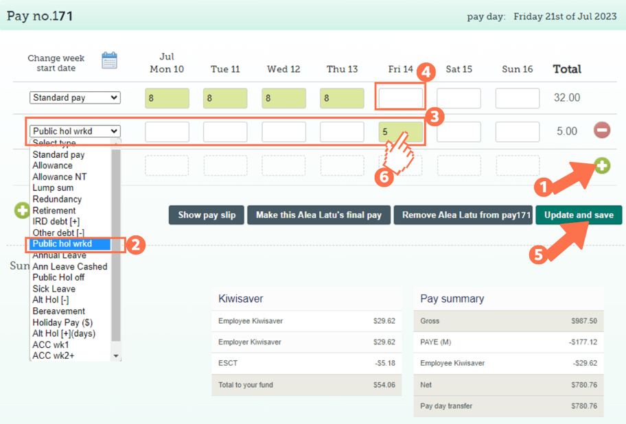 Adding a Public Holiday Worked and Alternative Leave Earned to a Timesheet